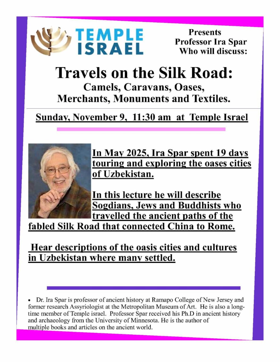 Lecture: Travels on the Silk Road (Ira Spar) | Temple Israel & JCC